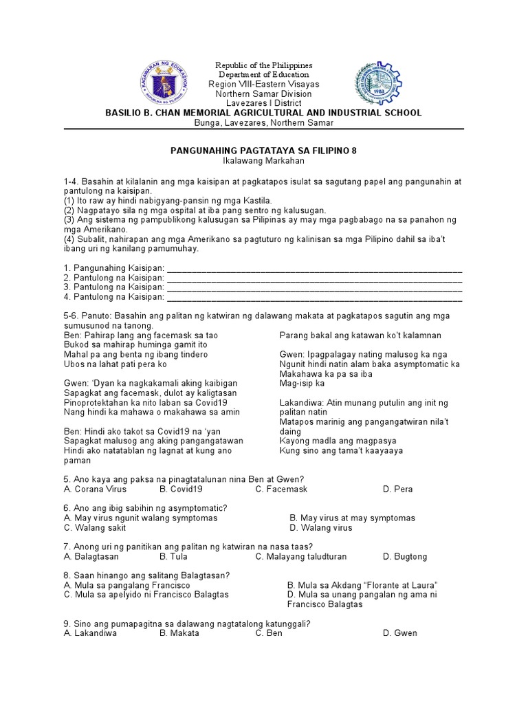 Filipino 8 Pretest-Post Test | PDF