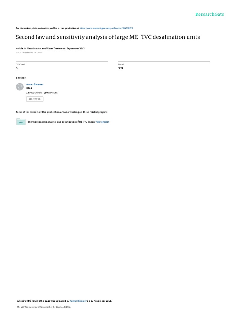 Second Law and Sensitivity Analysis of Large ME-TVC Desalination Units ...
