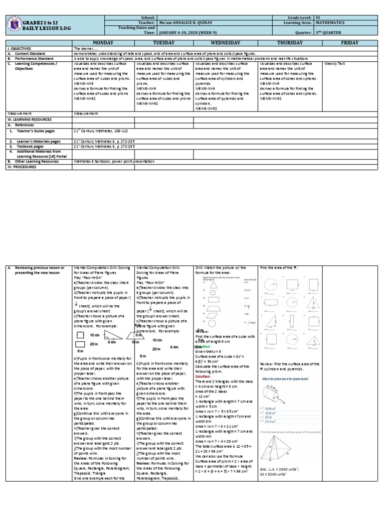 DLL - Mathematics 6 - Q3 - W9 | PDF | Area | Surface Area