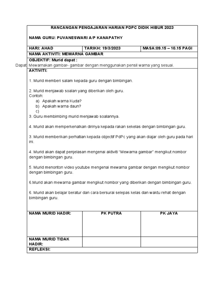 Rancangan Pengajaran Harian PDPC Didik Hibur 2023 - 2 | PDF