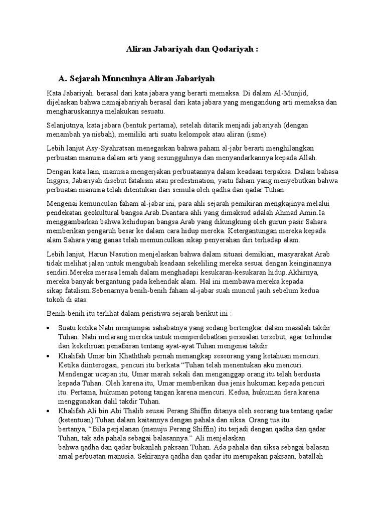 Sejarah Perkembangan Aliran Jabariyah Dan Qadariyah | PDF