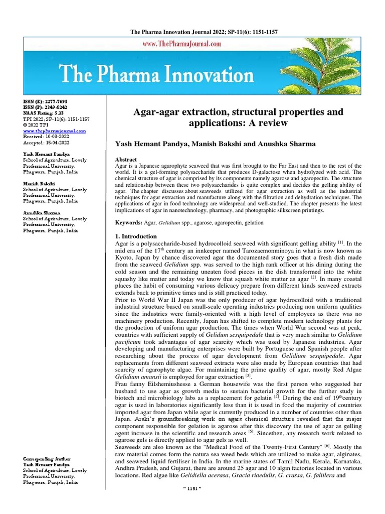 Agar-Agar Extraction, Structural Properties and Applications: A Review ...