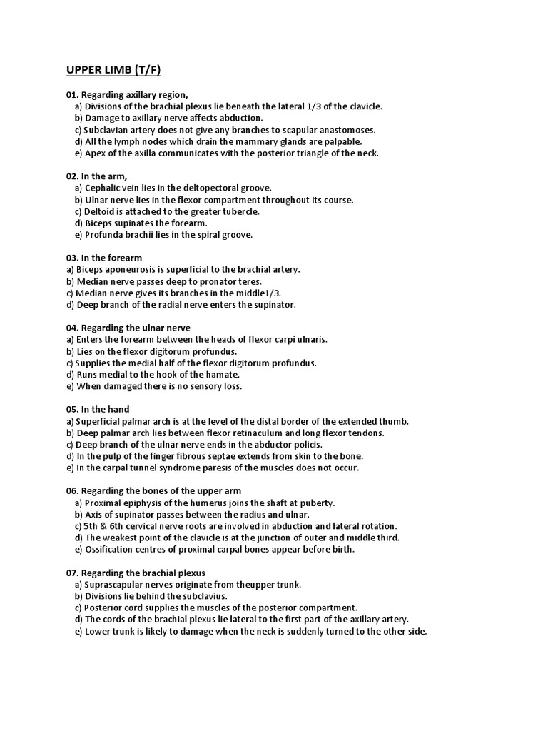 Upper Limb-MCQ With Answers | PDF | Arm | Hand