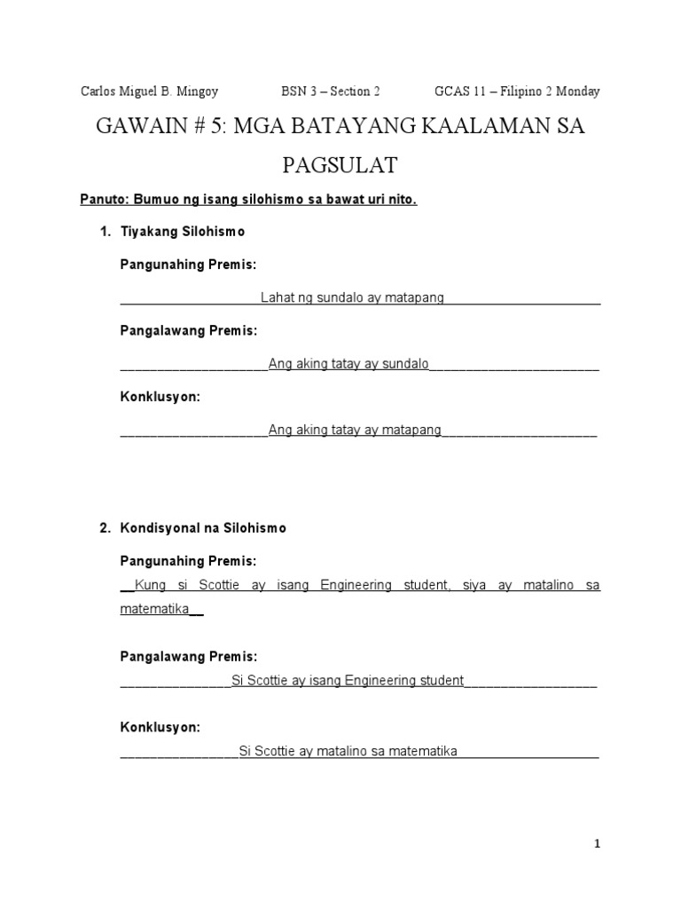 Mingoy - BSN 3 - Section 2 - GCAS 11 - Filipino 2 - Gawain - 5 | PDF