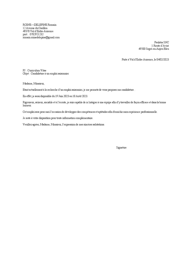 Candidature emploi saisonnier Romain Roine-Delepine | PDF