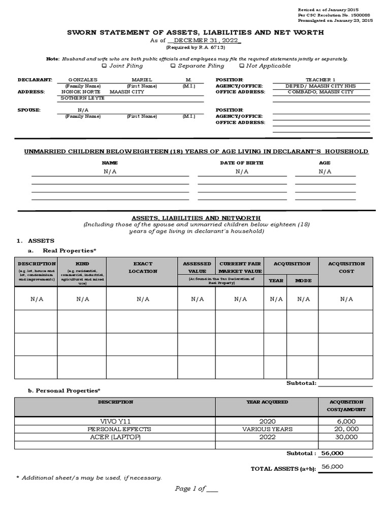 Sworn Statement of Assets Liabilities and Net Worth SALN Revised Form ...