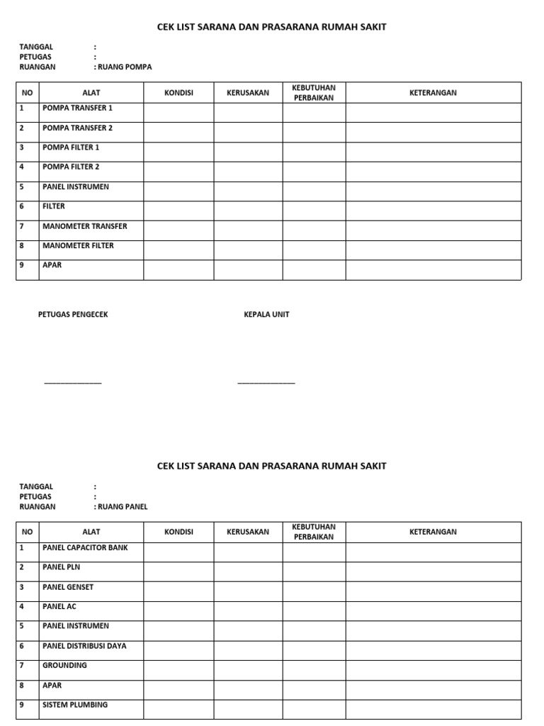 Cek List Sarana Rumah Sakit | PDF