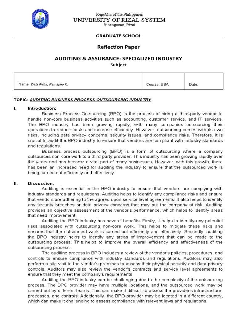 Reflection Paper 2 | PDF | Outsourcing | Audit