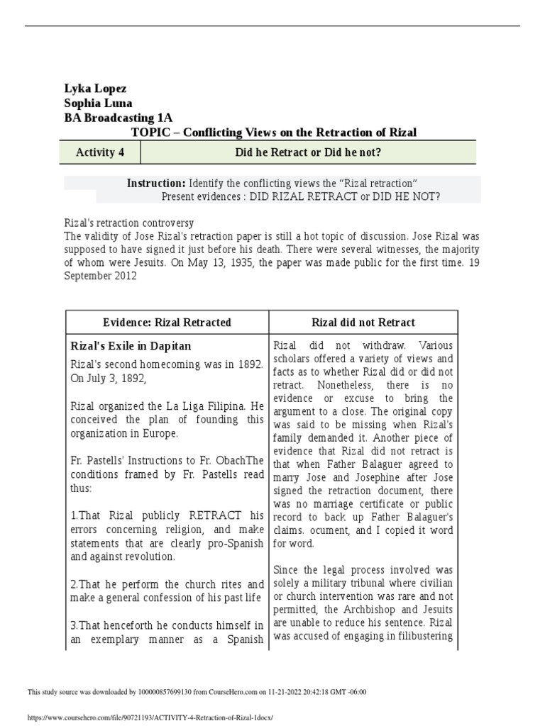 ACTIVITY 4 Retraction of Rizal 1 | PDF