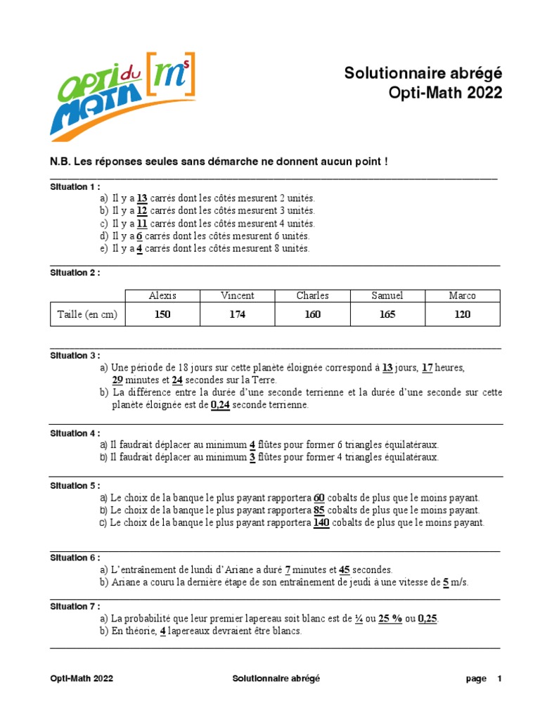 Solutionnaire Opti-Math 2022 | PDF