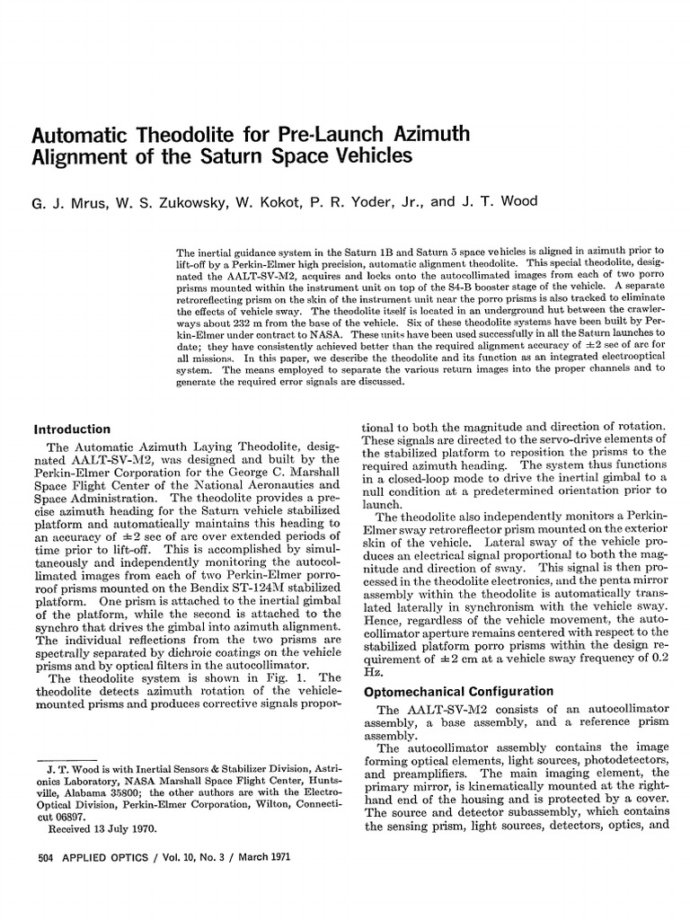 Automatic Theodolite For Pre Launch Azimuth Alignment of The Saturn Space Vehicles | PDF ...