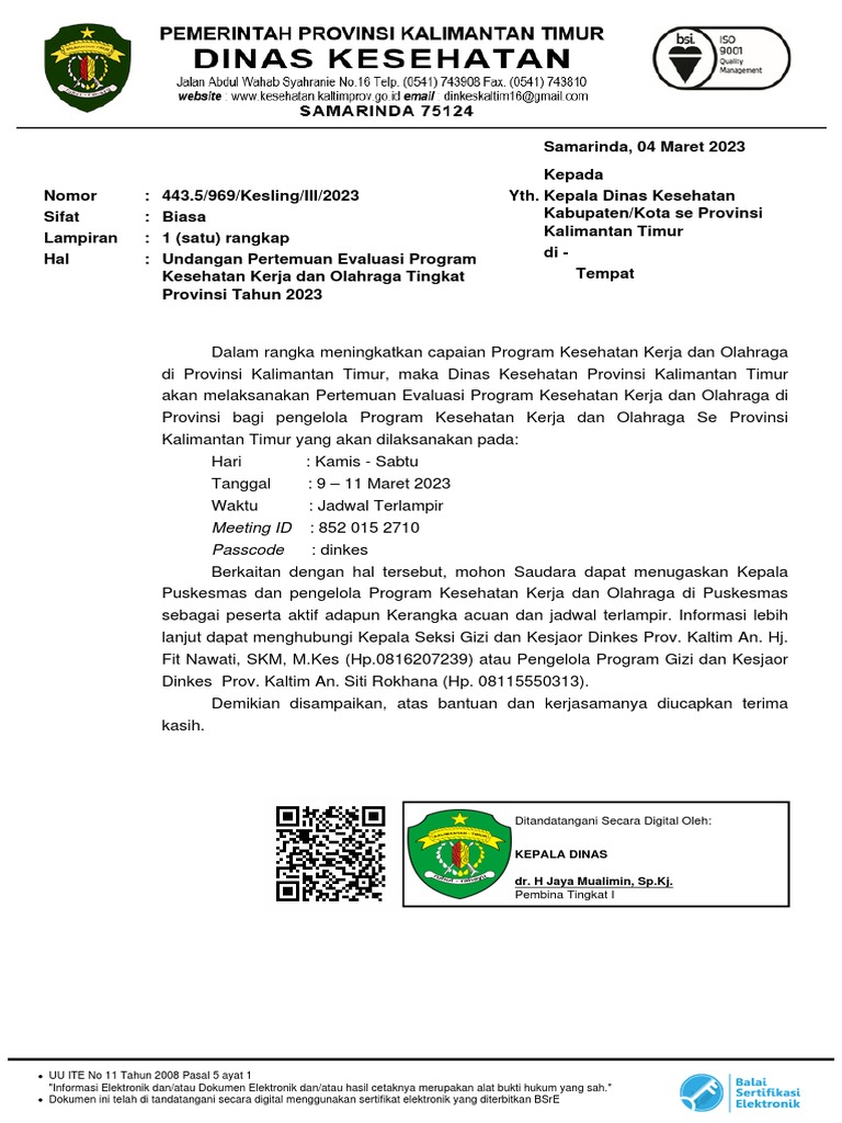 2 Undangan Pertemuan Evaluasi Program Kesjaor Tahun 2023 Peserta Zoom PDF | PDF