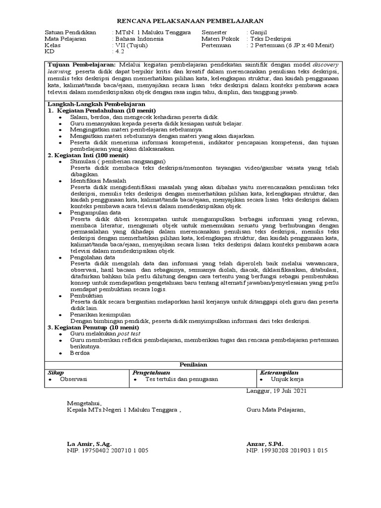 RPP Teks Deskripsi Kelas VII MTsN 1 | PDF