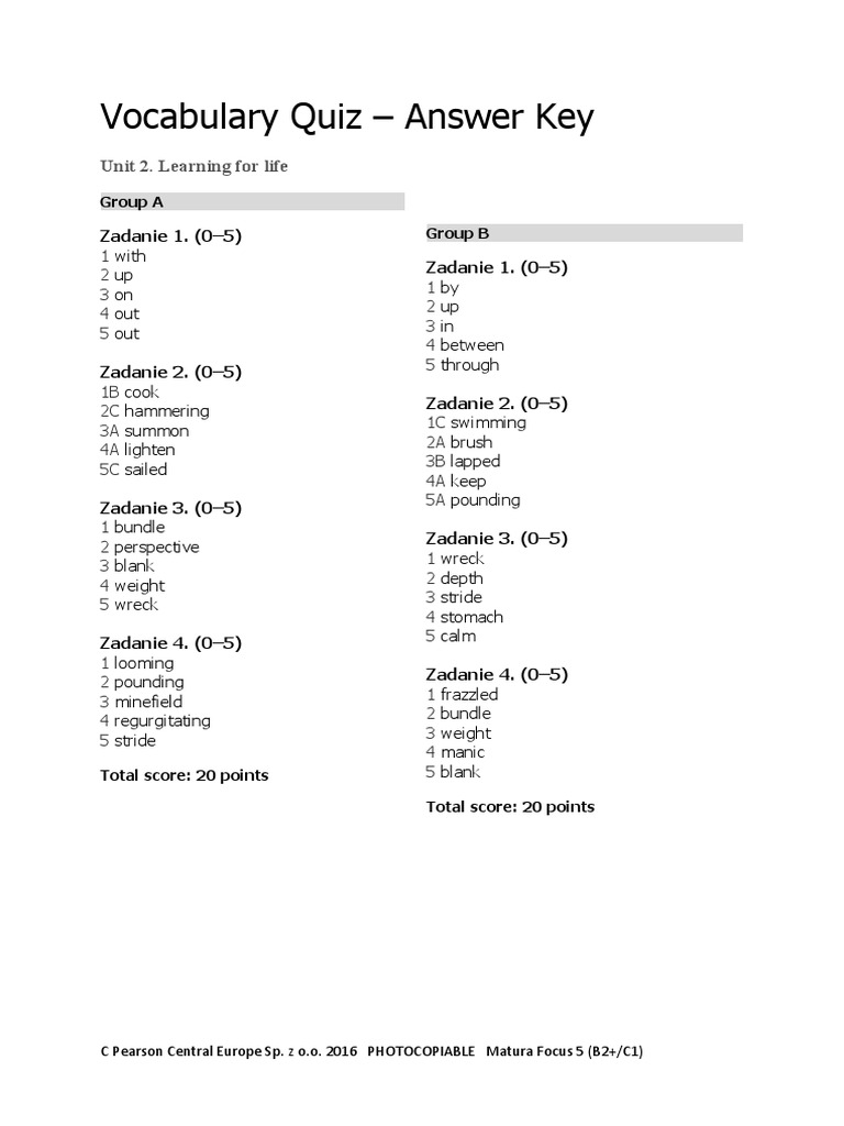 Vocabulary Quiz Answer Key Unit 2 Learning Life | PDF
