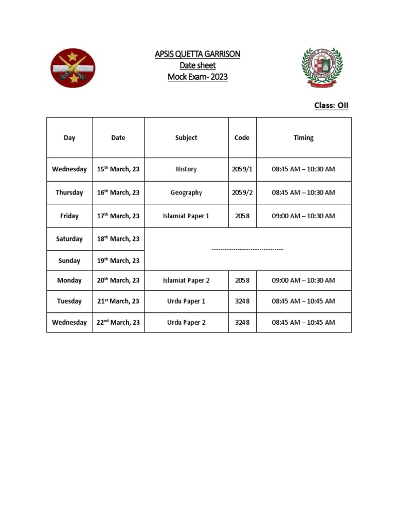 APSIS QUETTA GARRISON Mock Exam 2023 Date Sheet for Class OII | PDF