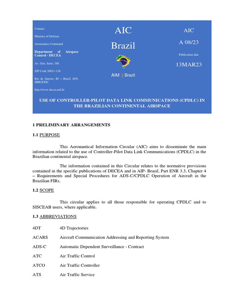Use Of Controller Pilot Data Link Communications Cpdlc In The Brazilian Continental Airspace
