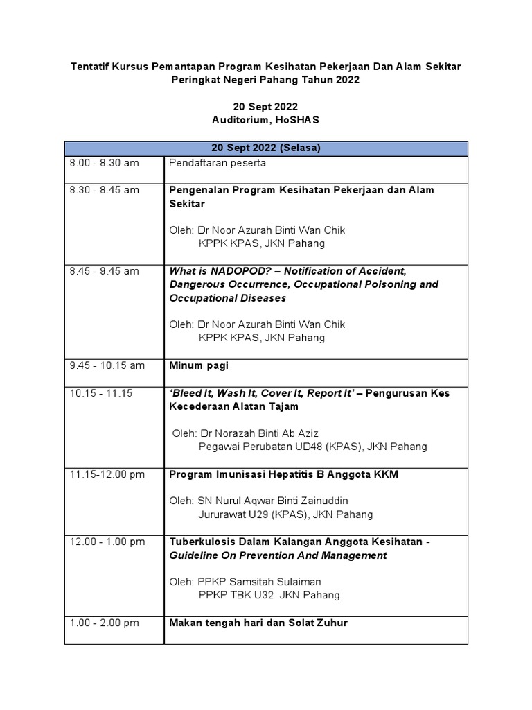 Tentatif Kursus Pemantapan Program Kesihatan Pekerjaan Dan Alam Sekitar ...