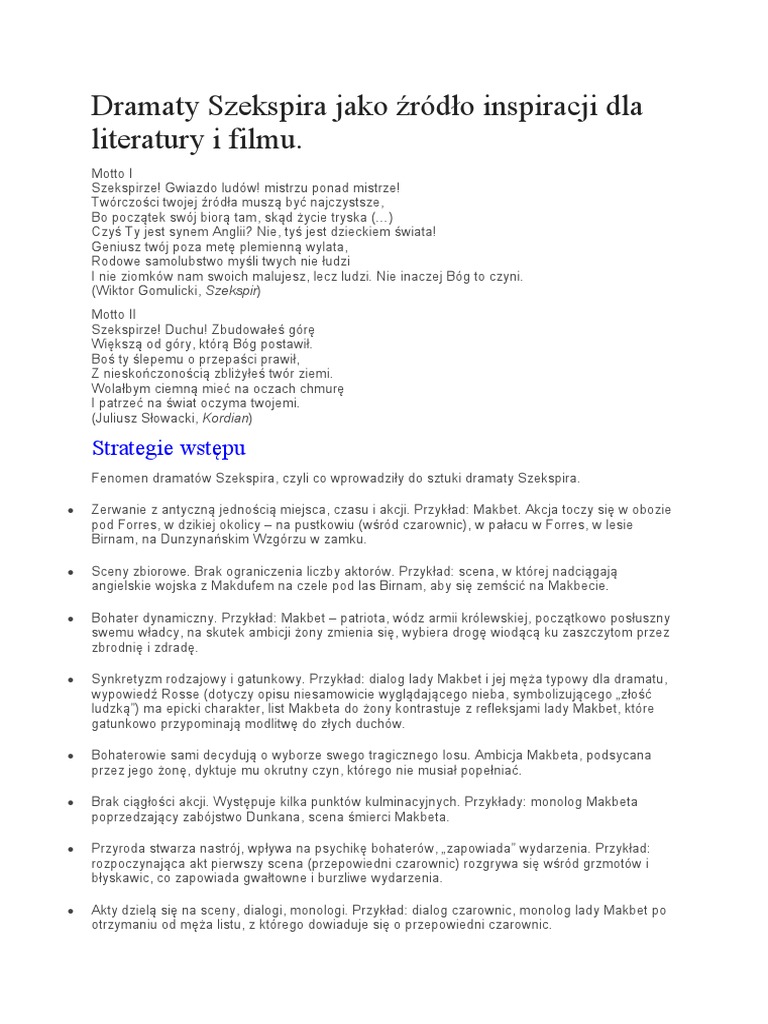 Dramaty Szekspira Jako Źródło Inspiracji Dla Literatury I Filmu | PDF