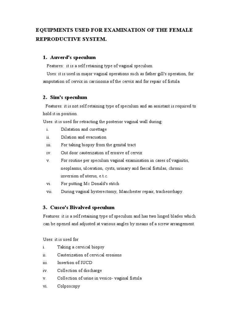 Equipments Used For Examination of The Female Reproductive S | PDF ...