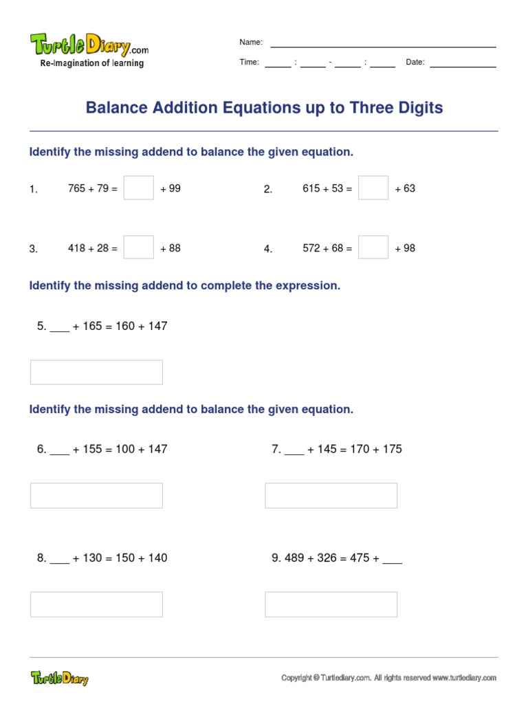 Balance Addition Equations Up To Three Digits PDF | PDF