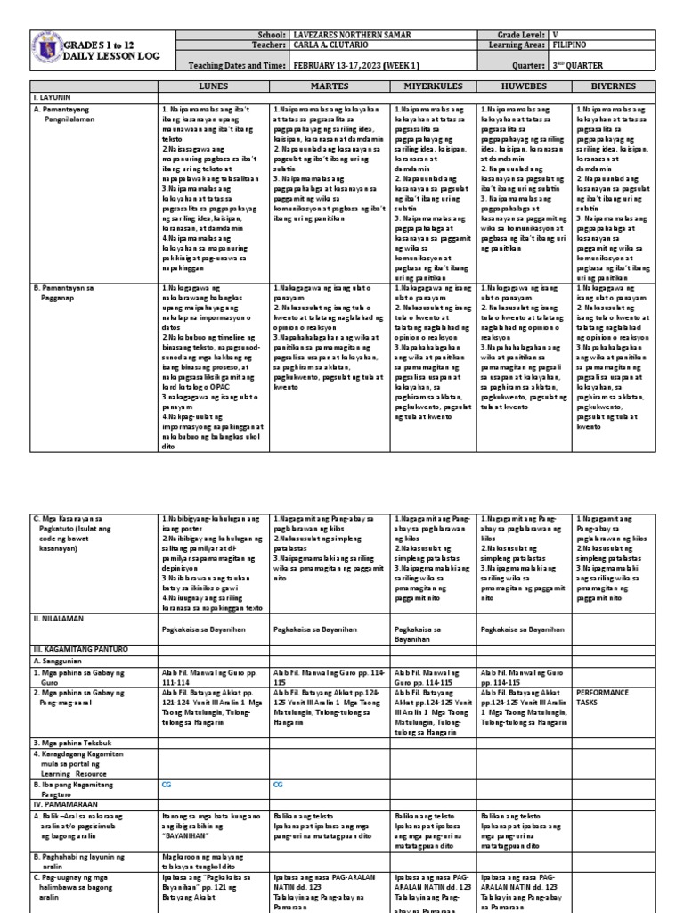 DLL - Filipino 5 - Q3 - W1 | PDF