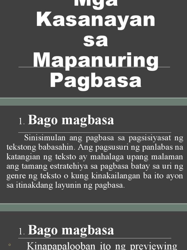 Dokumen - Tips - Mga Kasanayan Sa Mapanuring Pagbasa | PDF