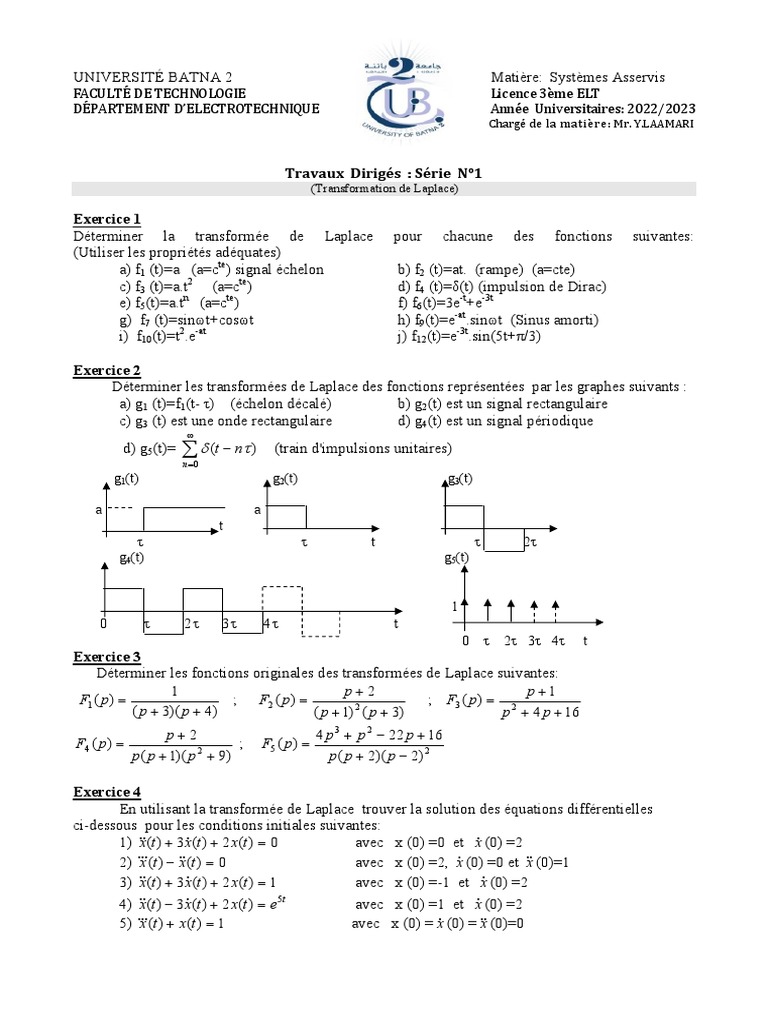 Td1.systemes Asservis 2022-2023 PDF | PDF | Transformation de Laplace | Analyse mathématique