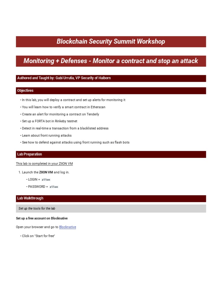 Monitoring Smart Contracts and Preventing Front Running Attacks: A Workshop on Using Blockchain ...