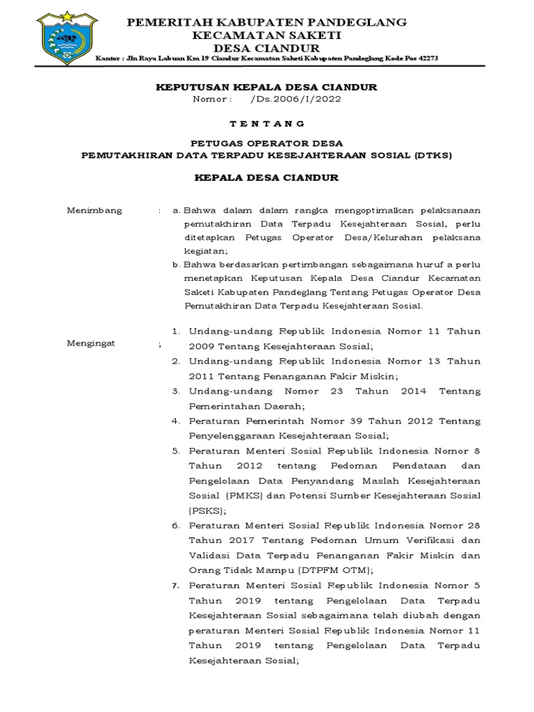 SK Petugas Operator DTKS Desa Ciandur | PDF