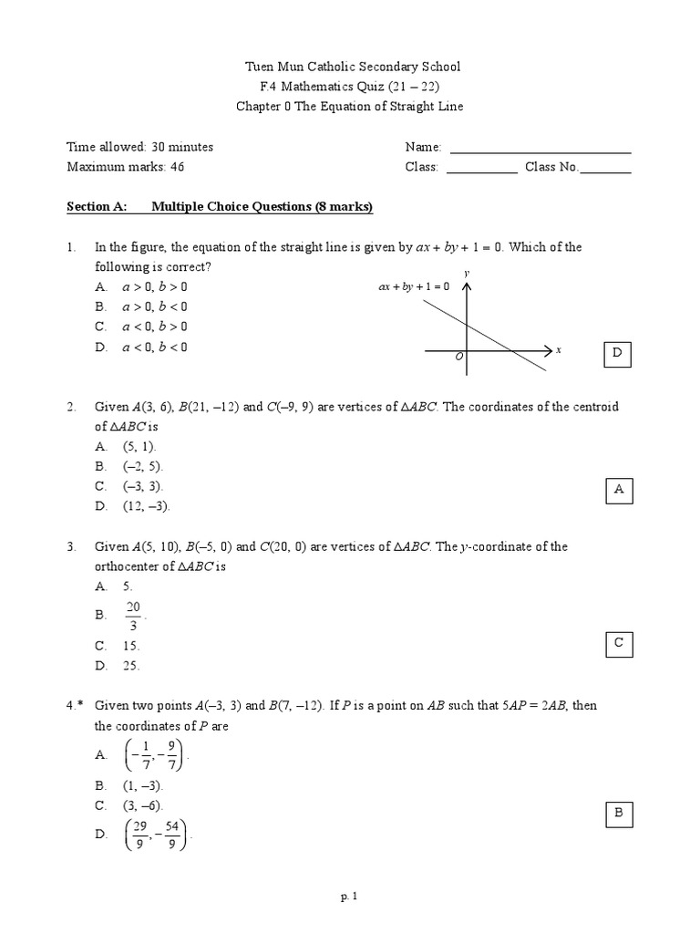 0 Straight Line Quiz 2122 Solution | PDF | Line (Geometry) | Analytic ...