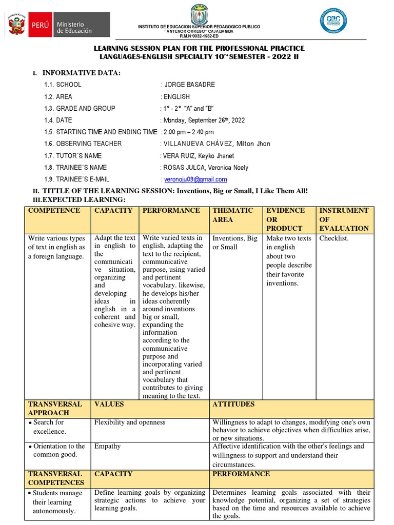 Learning Session Plan For The Professional Practice Languages-English ...
