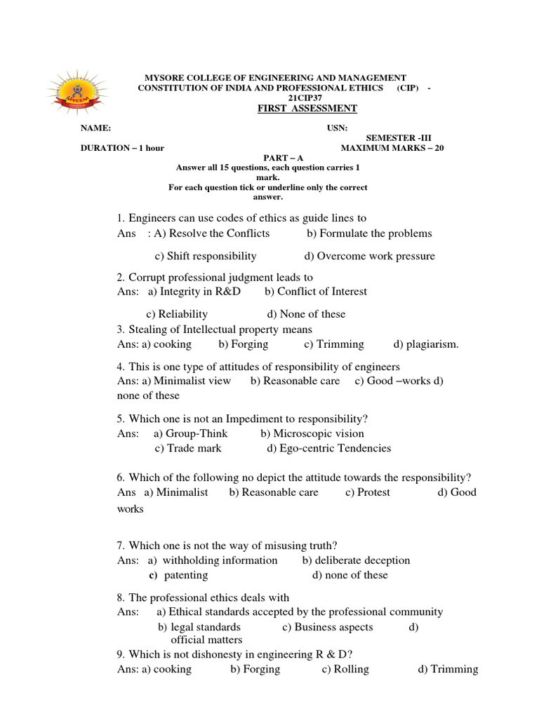 Constitution of India and Professional Ethics (CIP) 21CIP37 IA | PDF | Constitution | Applied Ethics