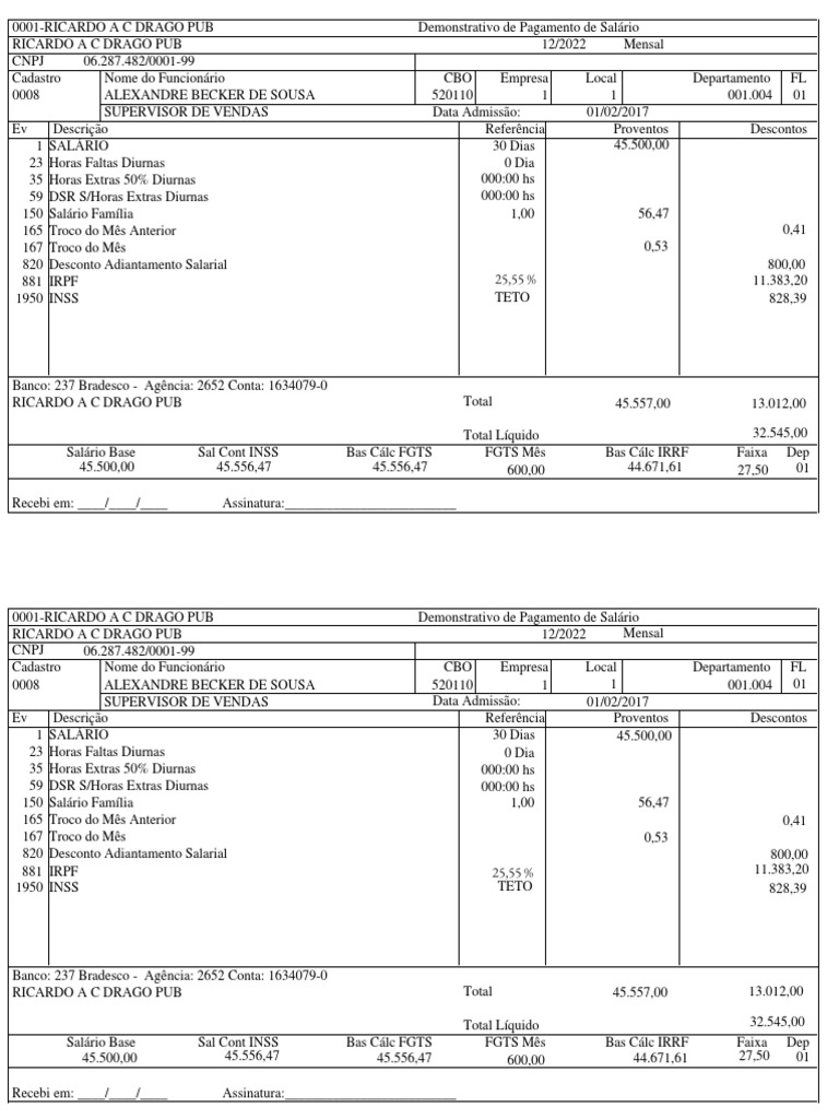 Holerite 01-2023 - Alexandre | PDF | Hora extra | Expediente