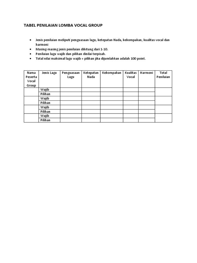 tabel penilaian vocal grup.docx | PDF