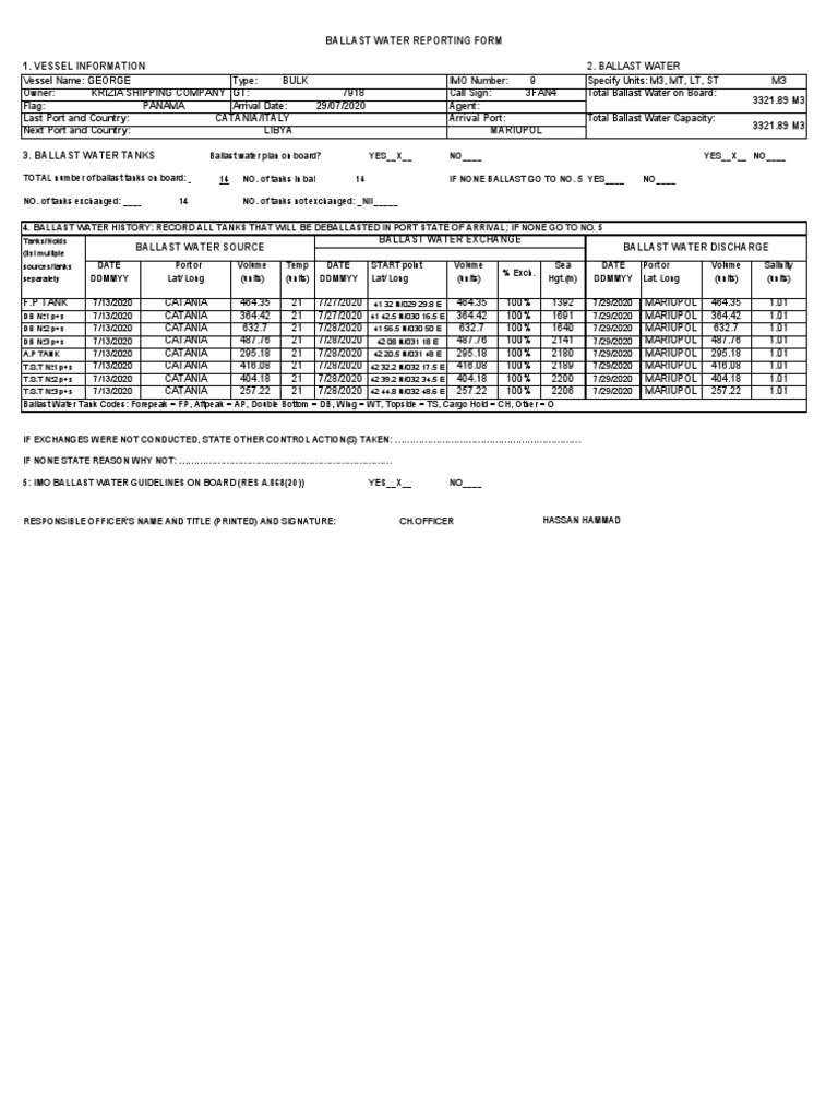 A Comprehensive Ballast Water Report Detailing Exchange and Discharge Operations for the M/V ...