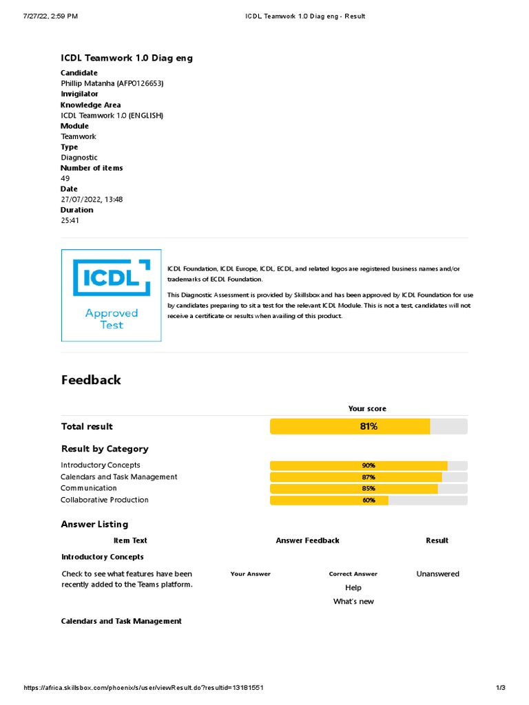 ICDL Teamwork 1.0 Diag Eng - Result | PDF | Communication | Software Development