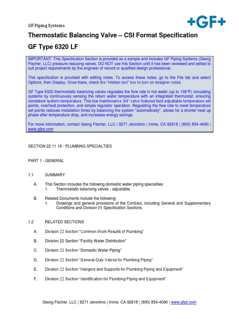 GF 6320 Thermostatic Balancing Valves - CSI Format Specification | PDF ...