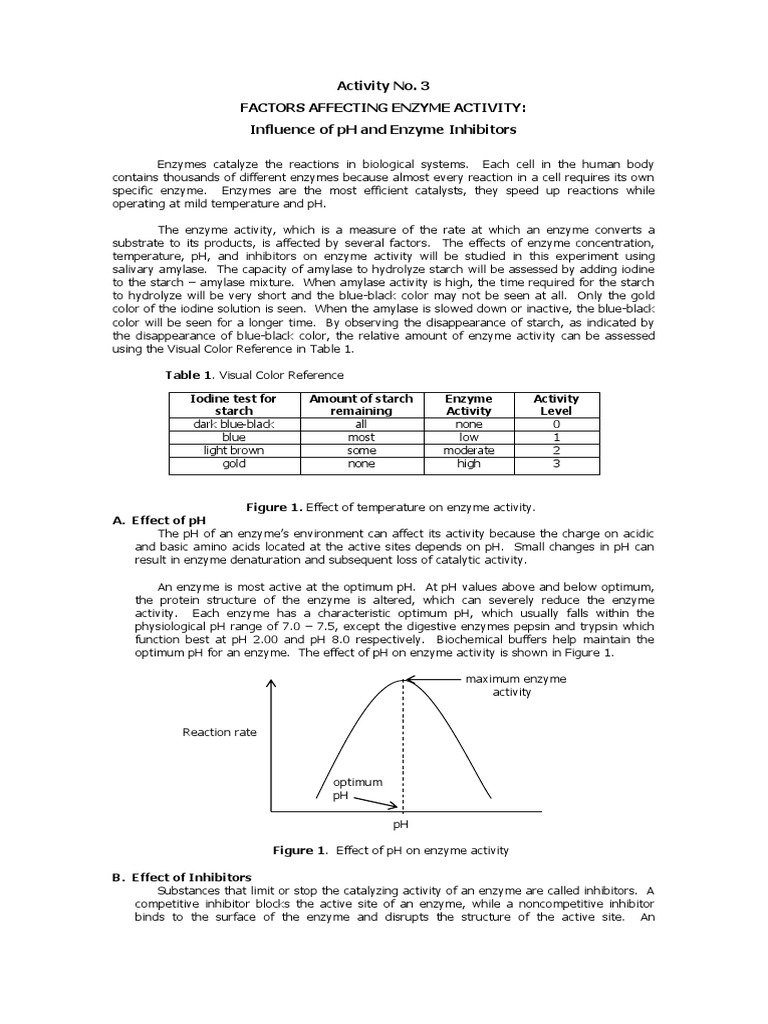 Act 3 Factors Affecting Enzyme Activity PH and Inhibitors PDF | PDF | Enzyme | Enzyme Assay