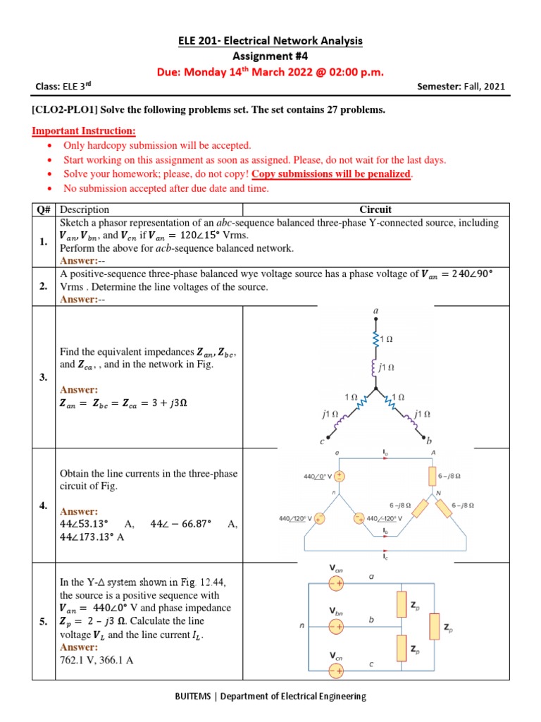 ELE 201 Assignment #4: Solve 27 Electrical Network Analysis Problems | PDF | Network Analysis ...