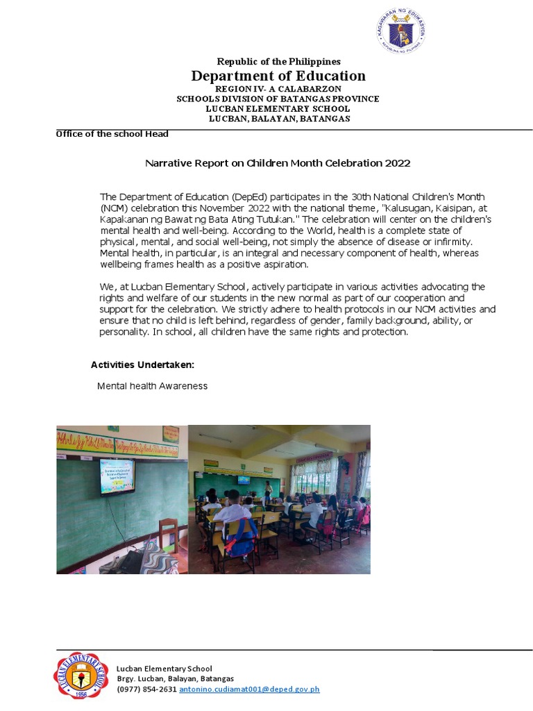 Lucban ES, Report On Children Month Celebration | PDF | Human Development | Behavior Modification