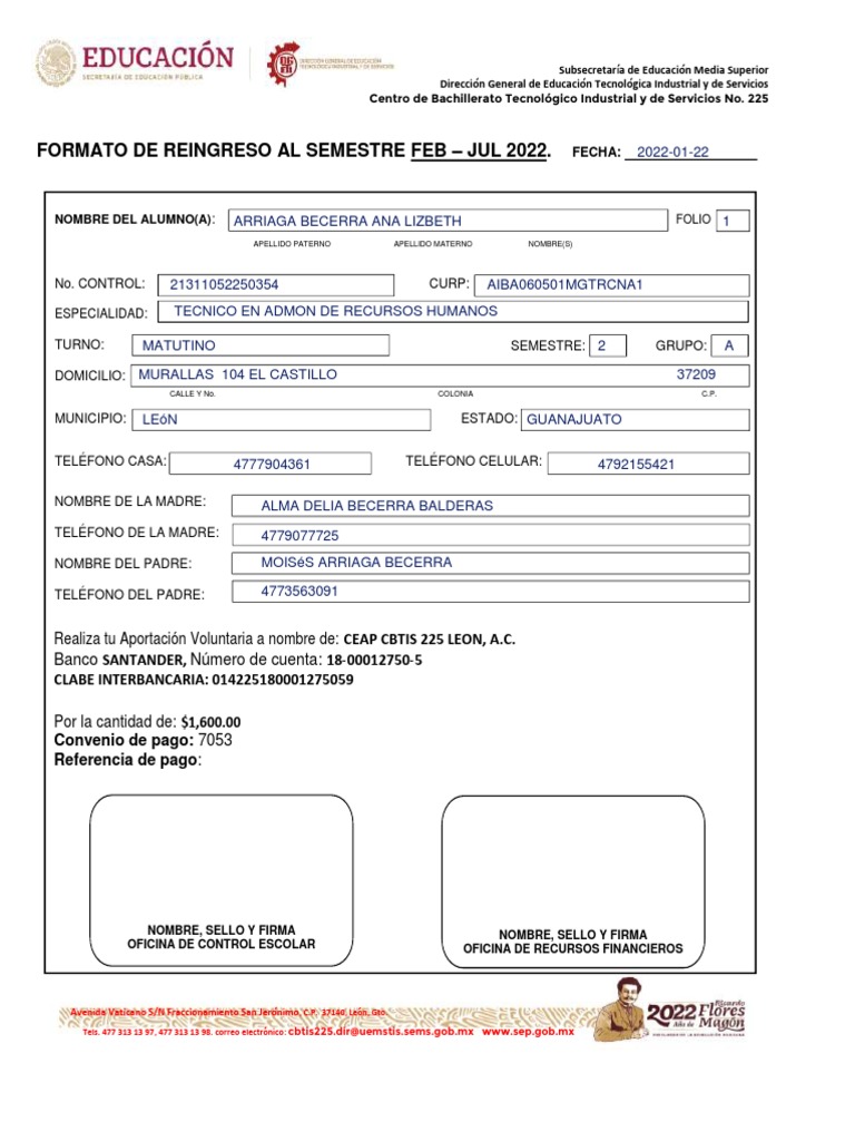 Formato de Reingreso CBTIS 225 León Gto | PDF | Bancario