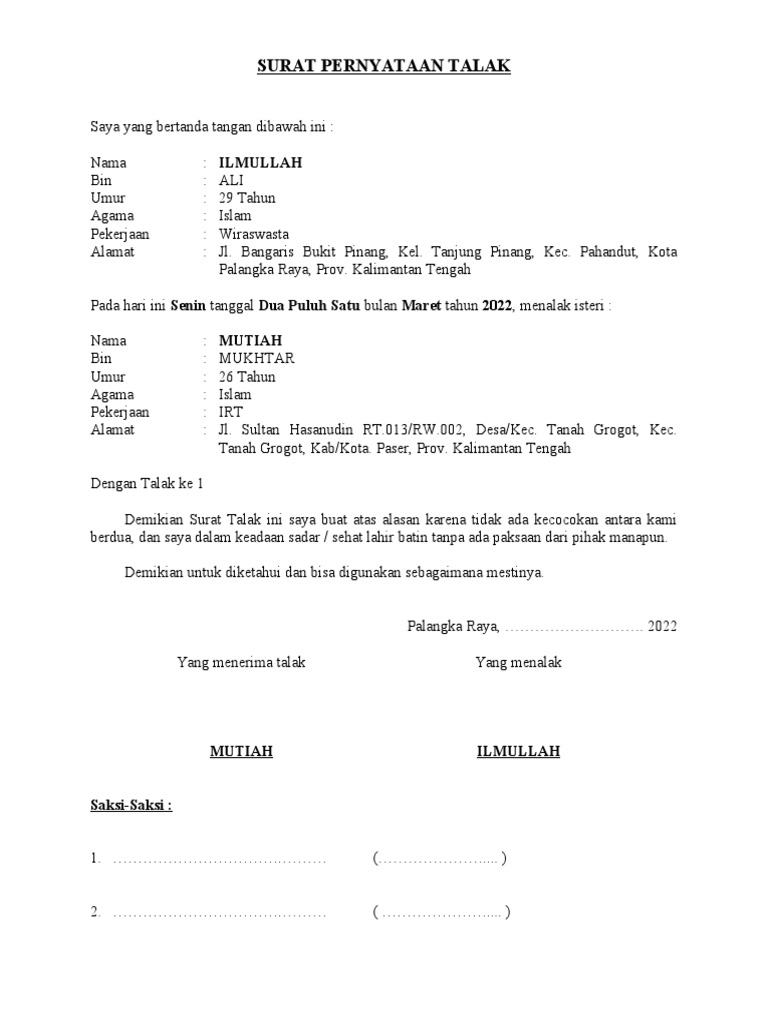 Surat Pernyataan Talak | PDF