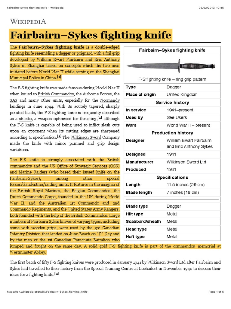 Fairbairn-Sykes Fighting Knife - Wikipedia | PDF | Blade Weapons ...