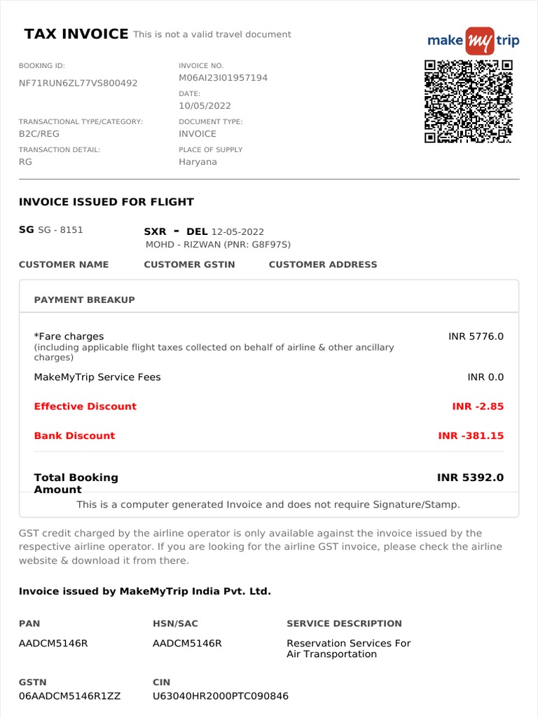 Tax Invoice for Flight Booking | PDF