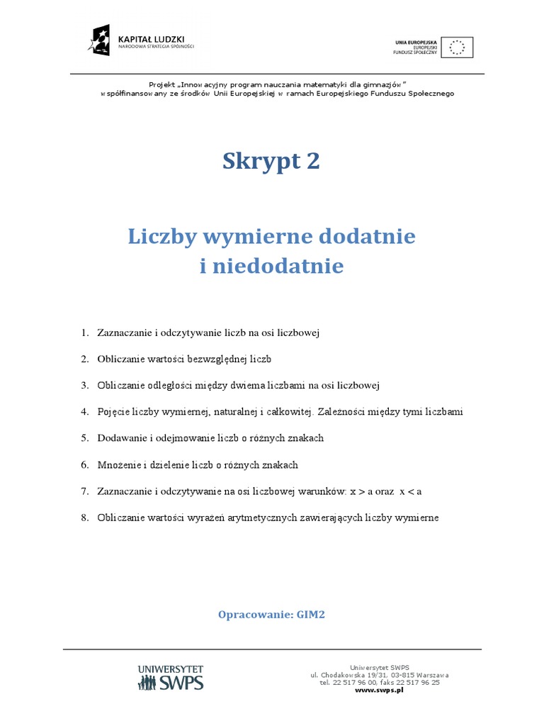 Skrypt 2 Liczby Wymierne Dodatnie I Niedodatnie PDF | PDF