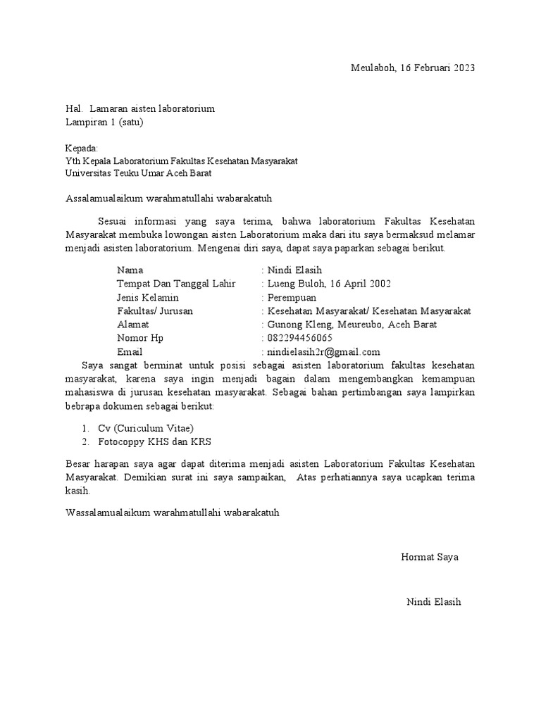 Surat Lamaran Asisten Laboratorium | PDF