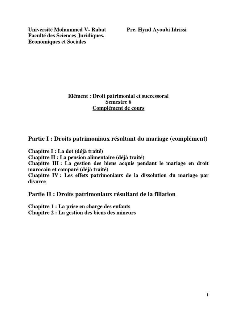 Pr. AYOUBI-IDRISSI Hynd Droit Patrimonial Et Successoral. Complément de Cours S6 | PDF | Divorce ...
