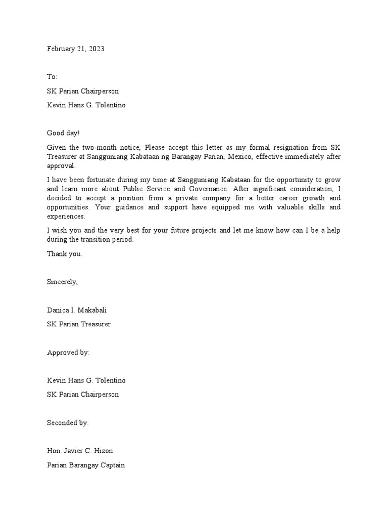 Resignation Letter from SK Treasurer | PDF
