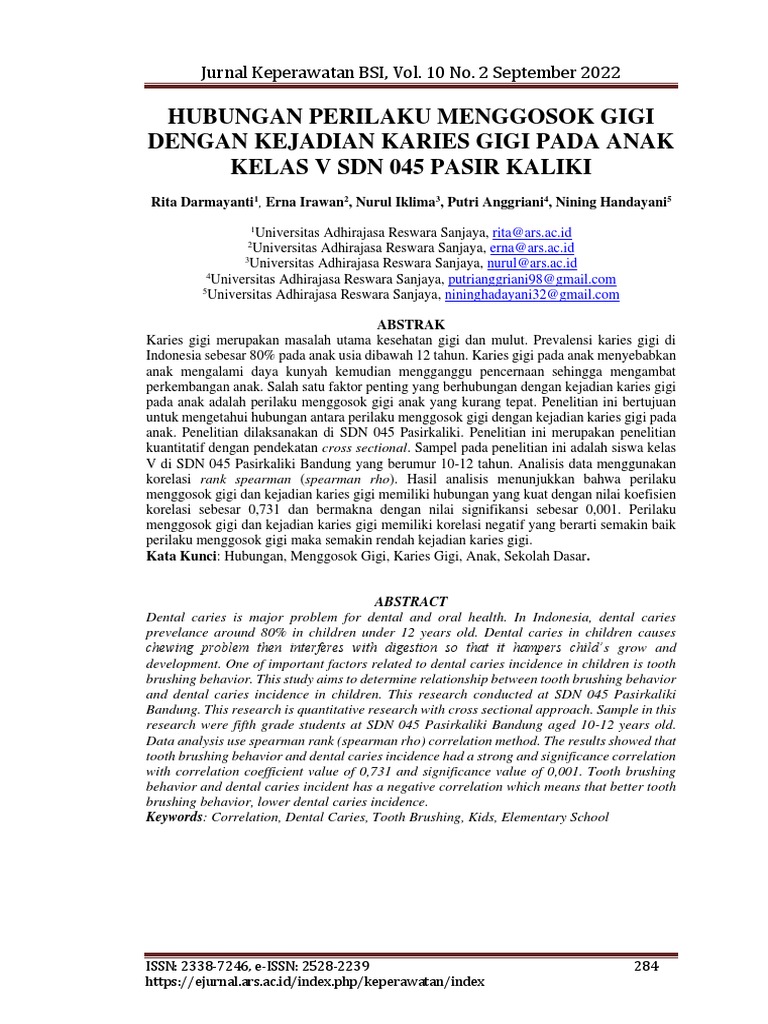 Hubungan Perilaku Menggosok Gigi Dengan Kejadian Karies Gigi Pada Anak Kelas V SDN 045 Pasir ...