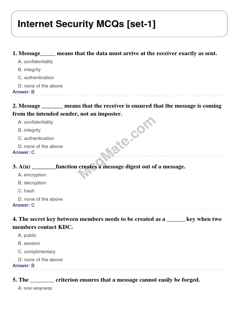 Internet Security Solved MCQs (Set-1) | PDF | Encryption | Public Key Cryptography